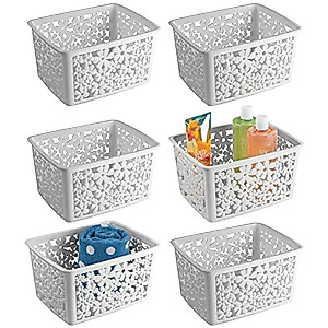 mDesign Plastic Bathroom Storage Basket Bin for Organizing Hand Soaps, Body Wash, Shampoos, Lotion, Conditioners, Hand Towels, Hair Accessories, Body Spray - Large, Floral Design, 6 Pack, Light Gray