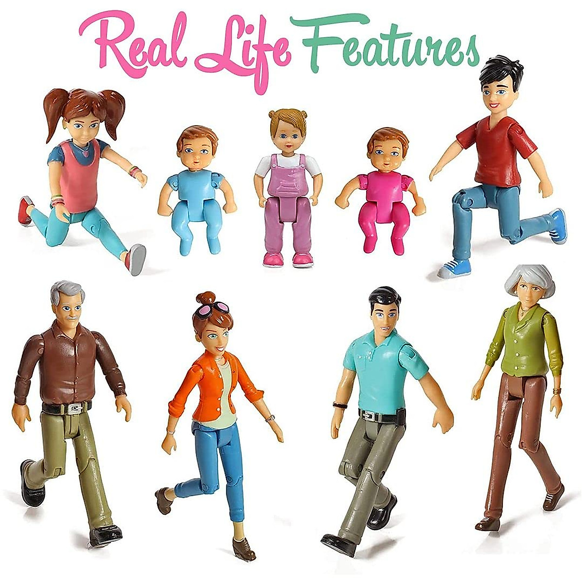 Sweet Li'l Family Dollhouse People Set of 9 Action Figure Set - Grandpa, Grandma, Mom, Dad, Sister, Brother, Toddler, Twin Boy & Girl
