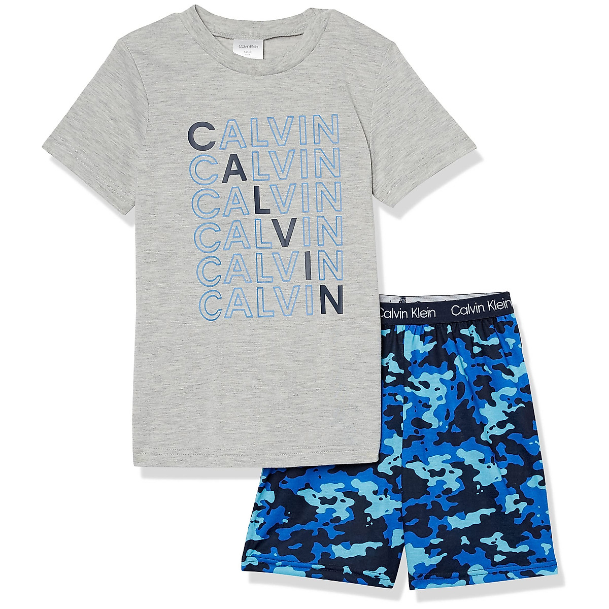 Calvin Klein Boys' Little 2 Piece Sleepwear Top and Bottom Pajama Set, Calvin Camo, Large