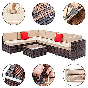 7 Pieces Patio Furniture Sets All-Weather Outdoor Sectional Sofa Manual Weaving Wicker Rattan Patio Conversation Set with Cushion and Glass Table (Beige)