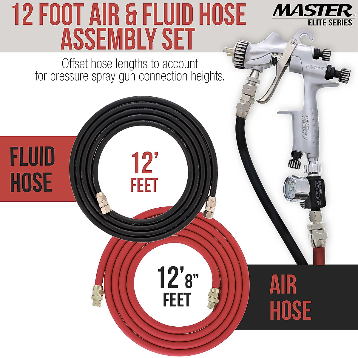 Master Elite Series 12 Foot Air and Fluid Hose Assembly Set with Fittings for Spray Guns, Paint Pressure Pot Tanks, Professional Heavy Duty - Air Hose 3/8" NPS, 5/16" ID - Fluid Hose 1/4" NPS, 1/4" ID