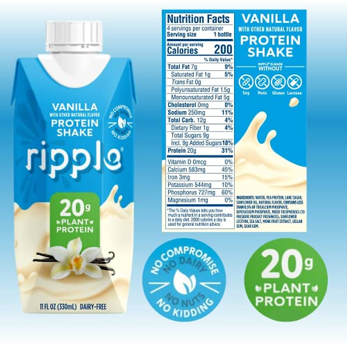 Ripple Vegan Protein Shake, Vanilla | 20g Nutritious Plant Based Pea Protein in Ready to Drink Cartons | Non-GMO, Non-Dairy, Soy Free, Gluten Free, Lactose Free | Shelf Stable | 11 Fl Oz (4 Pack)