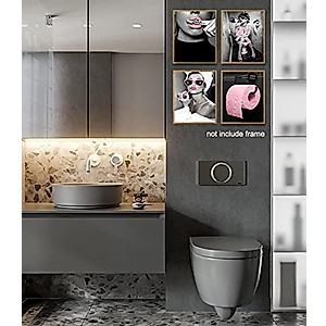 zaixko Bathroom Decor Fashion Women Canvas Prints Pink Wall Decor Black and Pink Pictures for Bathroom Glam Wall Art Canvas Posters Pink Bathroom Decor