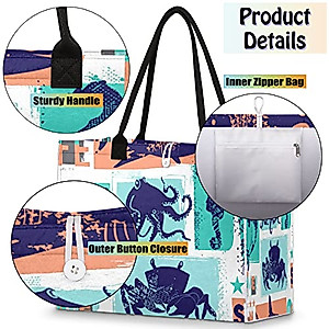Dolphin Crab Reusable Grocery Shopping Bag with Hard Bottom, Ocean Animal Printing Large Foldable Multipurpose Heavy Duty Tote with Zipper Pockets, Stands Upright, Durable and Eco Friendly, Beach Bag