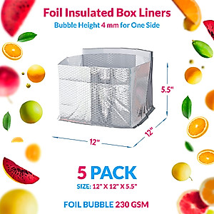 ABC 5 Pack Double Layer Foil Insulated Box Liners 12 x 12 x 5.5 inches. Fits USPS Large Flat Rate Box (12" x 12" x 5.5") Silver Shipping Boxes for Frozen Food, Odorless Insulated Containers.
