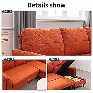 Hdxdkog L-Shaped Sectional Sofa with Pull-Out Bed 72" Sectional Sleeper Sofa Bed with Storage Chaise Lounge and Pocket, Upholstered Corner Couch for Living Room Home Office (Orange)