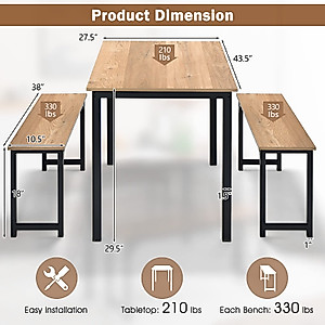 COSTWAY 3 PCS Dining Table Set for 4, Rectangular Kitchen Table with 2 Benches, Industrial Counter Height Table Set with Anti-slip Pads, Heavy Duty Steel Frame for Dining Room, Kitchen, Bar (Natural)