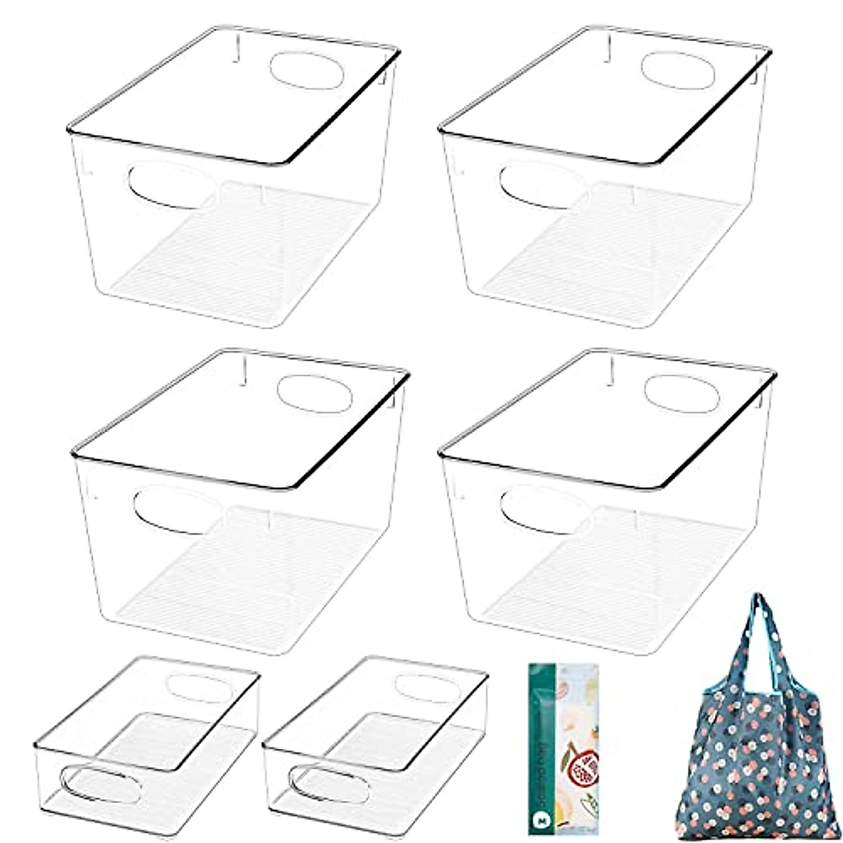 6 Pack Clear Space Plastic Storage Bins Fridge Organizer Kitchen Organization Pantry Storage Bins Freeze Organizers With Handles Cabinet Organizers For Kitchen,Fridge,Cabinet,Pantry,Bedrooms,Bathrooms