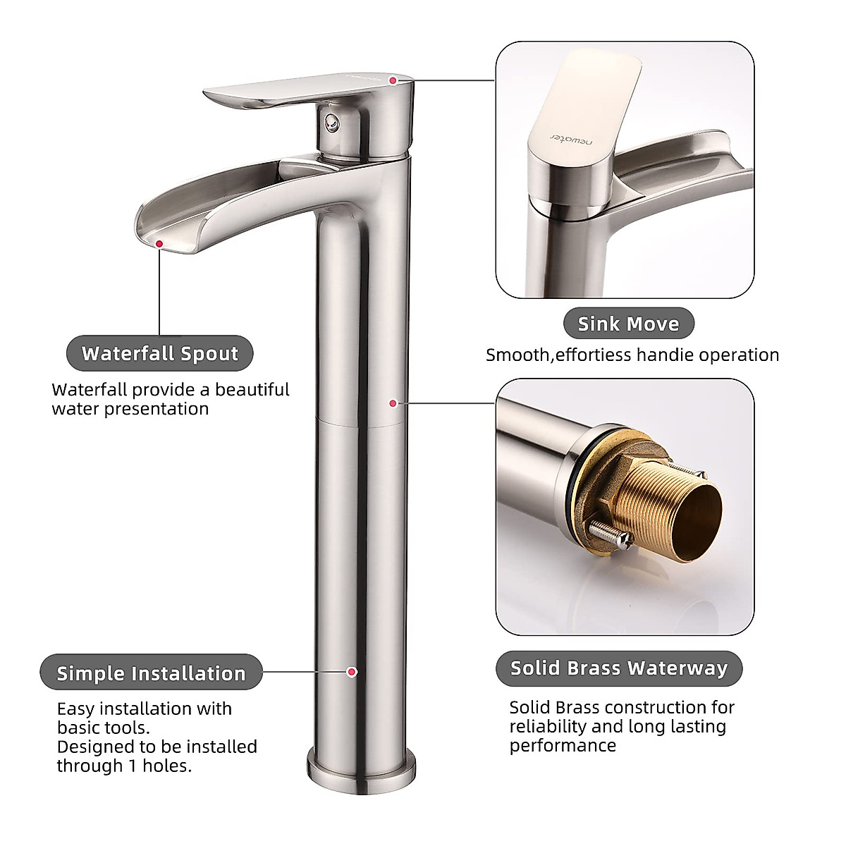 NEWATER Waterfall Spout Tall Vessel Bathroom Sink Faucet，Basin Mixer Tap Single Handle One Hole Brushed Nickel