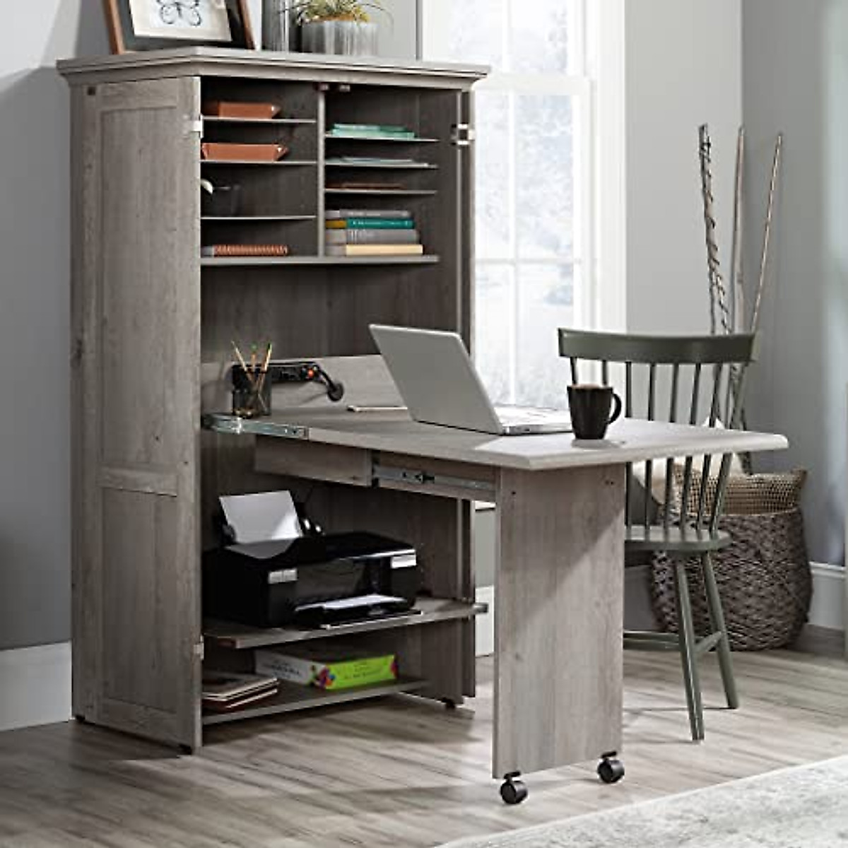 Sauder Miscellaneous Storage Craft & Sewing Armoire, L: 35.112" x W: 21.81" x H: 61.58", Mystic Oak Finish