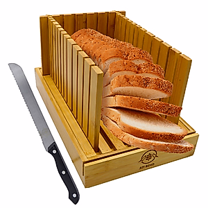 Premium Bamboo Bread Slicer With Stainless-Steel Knife, Foldable And Compact With Crumb Tray, Cutting Guide For Homemade Bread, Cake, Bagels, Sourdough and Baker Baking Tools Supplies