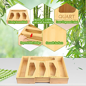 Ziplock Bag Storage Organizer for Kitchen Drawer, Expandable Bamboo Baggie Organizer, Plastic Food Bag Holders and Dispenser, Compatible with Gallon, Quart, Sandwich & Snack Size Bag, 12'' Aluminum Foil and Plastic Wrap