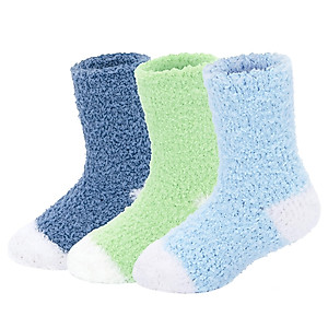 American Trends Toddler Fuzzy Socks Kids Slipper Socks for Girls Boys Baby Cozy Fluffy Warm Winter Socks 3 Pack Blue&& Green 3-6 Years