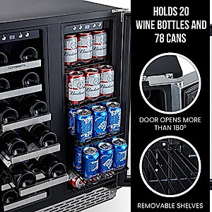 Phiestina Wine Cooler Beverage Refrigerator, 24” Beer Wine Fridge with Dual-Zone Digital Temperature Control, Glass Front Doors and Interior Lighting Holds 20 Bottles and 72 Cans on Removable Shelves