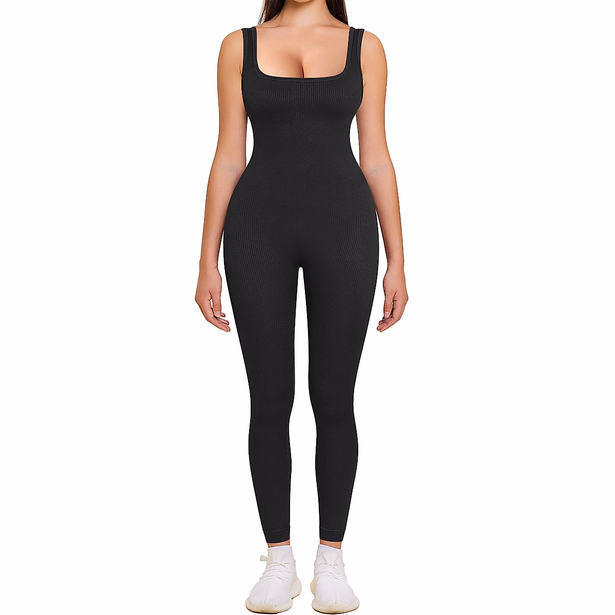 TrainingGirl Womens One Piece Workout Jumpsuits Square Neck Tank Tops Rompers Ribbed Sleeveless Exercise Unitard Yoga Bodycon (Black, Small)