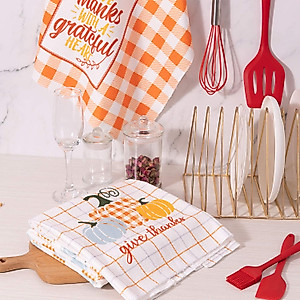 Whaline 4 Pack Thanksgiving Kitchen Towel Fall Harvest Dish Towel Super Absorbent Pumpkin Maple Leave Plaid Tea Towel Large Size Cloth Towel for Autumn Holiday Kitchen Coking Baking, 18 x 28 Inch