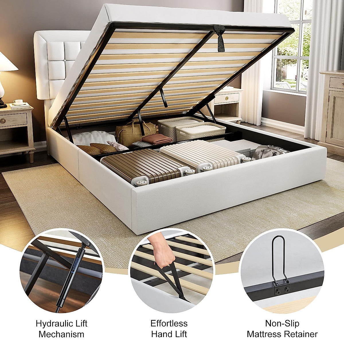 Jocisland Queen Size Bed Frame with Lift Up Under Bed Storage Upholstered Platform Bed with Headboard/No Box Spring Needed/White