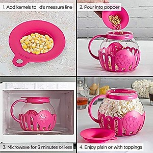 Ecolution Patented Micro-Pop Microwave Popcorn Popper with Temperature Safe Glass, 3-in-1 Lid Measures Kernels and Melts Butter, Made Without BPA, Dishwasher Safe, 3-Quart, Hot Pink