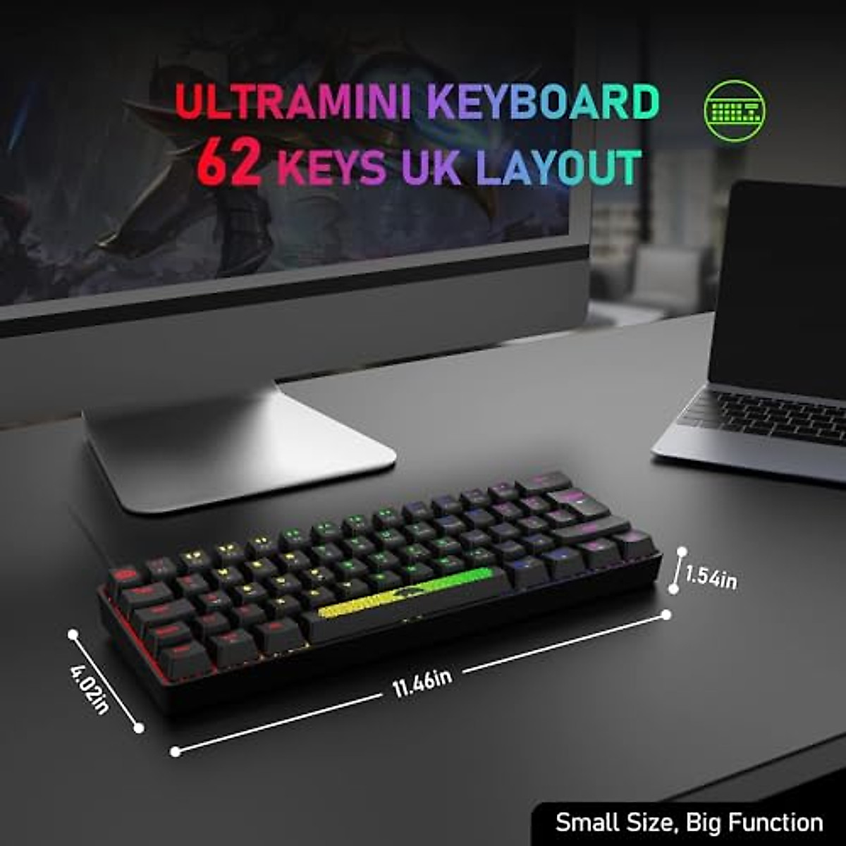 60% Compact Type c - Usb Wired Mechanical Keyboard UK, Blue Switch, RGB Backlit Rainbow LED, Anti-Ghosting, Media Keys, Laser carving, Ergonomic Aesthetic, for Computer PC Laptop PS4 XBOX - Black