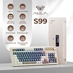 AULA 99 Wireless Keyboard, Custom Computer Keyboard, Tri-Mode Bluetooth 5.0/2.4GHz/USB-C Cute Creamy Gaming Keyboards with Number Pad, RGB Backlit Media Knob Programmable Keybaord for PC Gamer - White