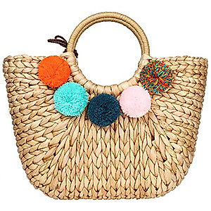 Womens Large Straw Bags Beach Tote Bag Handwoven Hobo Bag Summer Beach Bag Straw Handbag (Brown with Pom Poms)