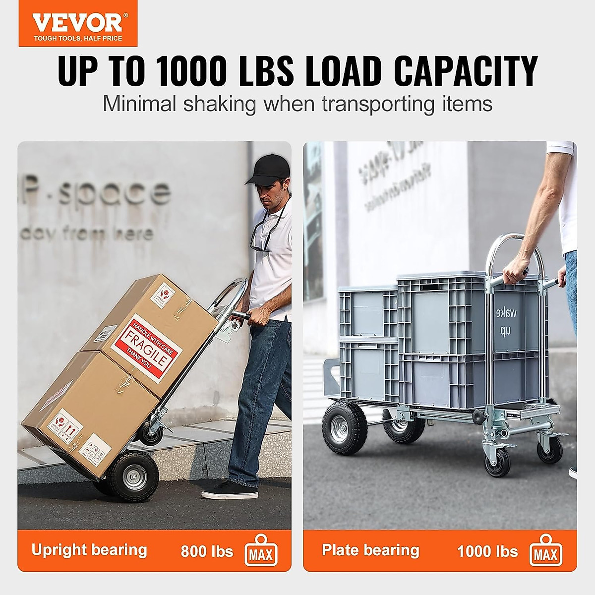 VEVOR Aluminum Folding Hand Truck, 2 in 1 Design 1000 lbs Capacity, Heavy Duty Industrial Collapsible cart, Dolly Cart with Rubber Wheels for Transport and Moving in Warehouse, Supermarket, Garden