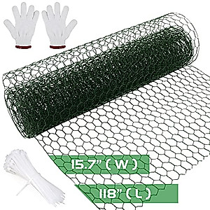 Aboofx Green Chicken Wire Netting, 118 x 15.7 in Chicken Wire for Foral Arrangements, Garden Poultry Chicken Wire Mesh, Hexagonal PVC Coated Galvanized Iron Wire, with 50 Zip Ties and 1 Pair of Glove