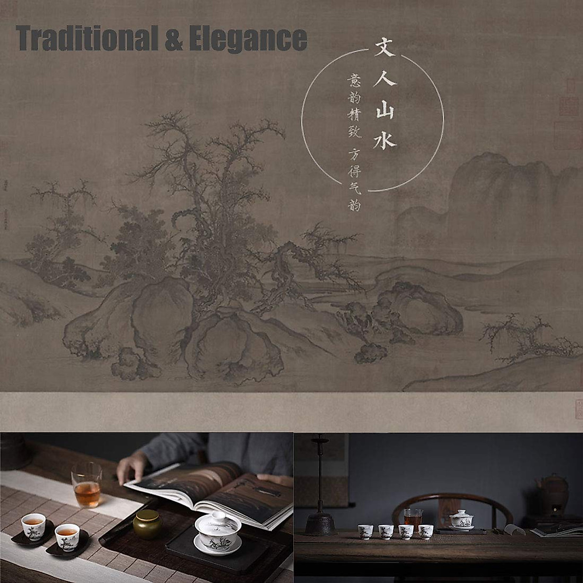 Teacups set,QMFIVE,Chinese Traditional Teaware Blue and White Porcelain Gaiwan Kungfu Tea bowl with Lid and Saucer - 6oz/180ml,Seclusion