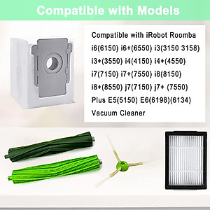 Replacement Parts for iRobot Roomba i3 i3+ i7 i7+ i4 i4+ i5 i5+ j5 j5+J7 i2 i6 i6+i8 i8+/Plus E5 E6 E7 I & E &J Series Vacuum Cleaner,2 Set Rubber Brushes,8 Filters,8 Side Brushes,6 Roomba Vacuum Bags