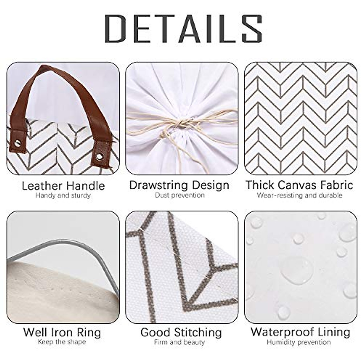 Sea Team Modern Arrowhead Pattern Canvas Fabric Storage Basket Collapsible Geometric Design Storage Bin with Drawstring Cover and PU Leather Handles, 16.5 by 11.8 inches, Waterproof Inner, Grey