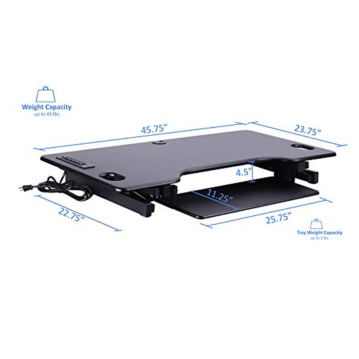 Rocelco 46" Height Adjustable Standing Desk Converter - Desktop AC USB Charger - Sit Stand Up Triple Monitor Riser - Tall Computer Workstation - Retractable Keyboard Tray - Black (R DADRB-46-ACUSB)