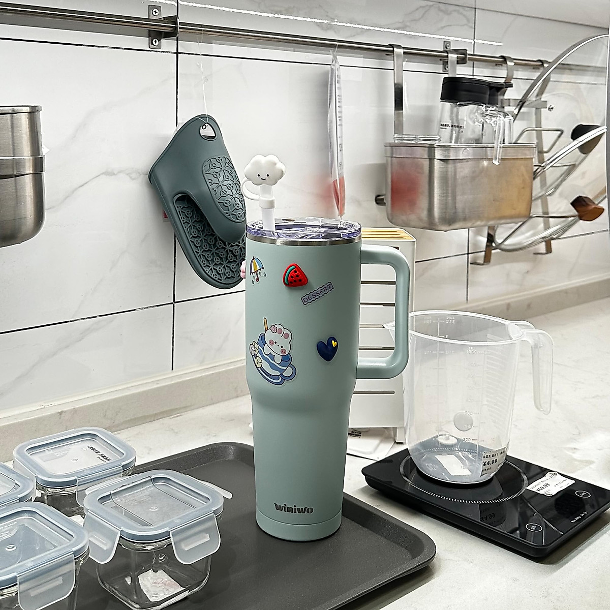 winiwo 40 oz Tumbler with Handle and Straw, D.I.Y Gift for Her, Stainless Steel Travel Mug, Iced Tea or Coffee, Insulated Tumbler with Stickers, Keeps Beverages Cold Up to 24 Hours