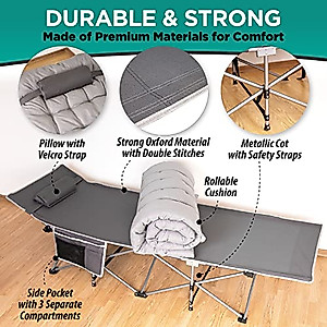 ZONETECH Outdoor Camping Travel Cot and Cot Pad - Foldable Classic Grey Quality Lightweight Portable Heavy Duty Adult & Kids Travel Cot w/Large Pocket and Cushion Perfect for Hiking, Camping (1-Pack)
