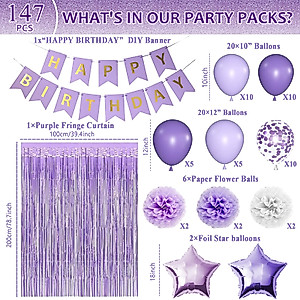 147Pcs Ombre Purple Party Decors Gradient Pastel Purple Plates Tableware Set Party Supplies Light Purple Balloons Banner Tinsel Foil Fringe Curtains Kit for Girls Women Birthday Wedding Party Favor