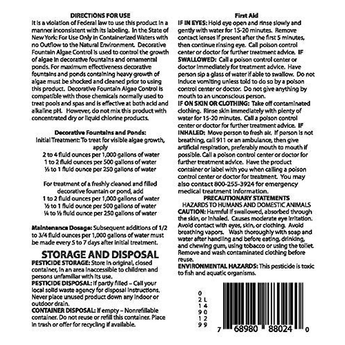 Fountain Algaecide and Clarifier - 64oz - Kills and Inhibits All Types of Algae Growth, Formulated for Small Ponds and Water Features, Treats up to 64,000 Gallons