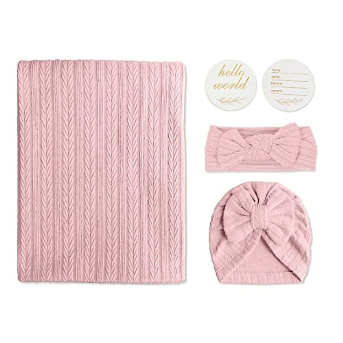 Baby Blankets,5PCS Security Blanket for Babies - Swaddle Adjustable Wearable Blanket, 5pcs Newborn Accessories Set with Hello World Wooden Birth Announcement Card, Baby Blankets for Girls (Pink)