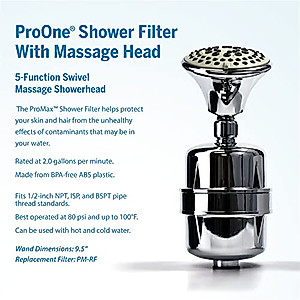 ProOne ProMax Chrome Shower Filter with 5-Function Massage Settings, Filtering, High-Pressure Shower Head to Remove Chlorine, Lead, and More