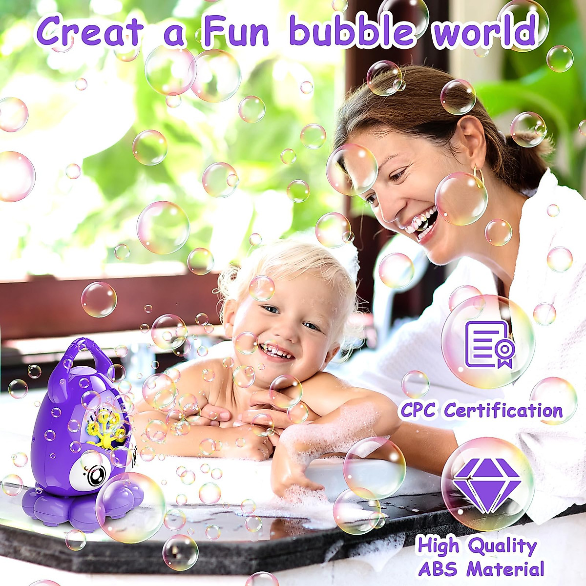 Bubble Machine, Veoiuo Cute Octopus Automatic Bubble Blower, 10000+ Bubbles Per Minute Bubbles for Kids Age 3 4 5 6 7 8 9 10 11 12,Fun Gifts for Birthday Wedding Party Indoor Outdoor Toy - Purple