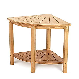 OasisSpace Bamboo Corner Shower Bench, Bath Bench Seat with Storage Shelf, Shaving Stool with Non-Slip Feet, Seat or Organizer Perfect for Indoor or Outdoor