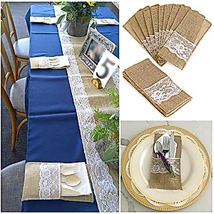 OwnMy Natural Burlap Tableware Utensil Holders Burlap Lace Silverware Holder Linen Knife and Forks Cutlery Pouch Bag for Vintage Rustic Wedding Party (Beige-30 Packs)