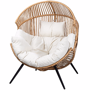 JAMFLY Egg Chair Outdoor Wicker Patio Chair, Oversized Lounger Chair with Cushion Egg Basket Chair for Indoor Living Room Bedroom Outside Patio Backyard Balcony
