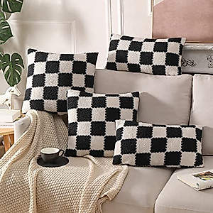 Fluffy Cesthetic Throw Pillow Covers Pack of 2 Cute Decorative Pillows Checkerboard Pattern Cushion Case Super Soft Faux Fur Wool Pillowcases for Couch Bedroom 16"*16" Black and White