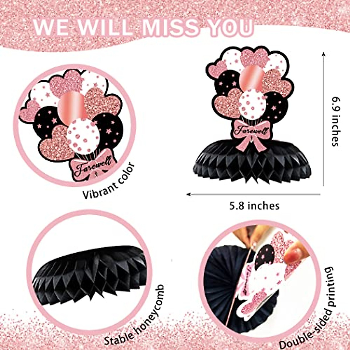 Going Away Party Decorations 9 Pcs, Rose Gold We Will Miss You Honeycomb Table Centerpiece Glitter Farewell Party Decorations for Retirement Anniversary Graduation Party Supplies