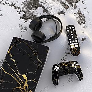 PlayVital Black & Gold Marble Effect Full Set Skin Decal for ps5 Console Digital Edition, Sticker Vinyl Decal Cover for ps5 Controller & Charging Station & Headset & Media Remote