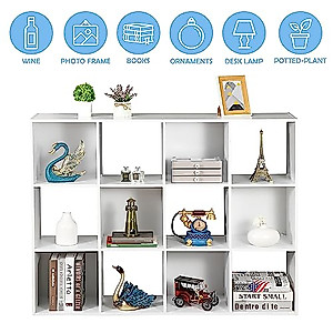 SUPER DEAL 12-Compartment Open Shelf Bookcase 47 inch Wide Bookshelves Wood Storage Organizer Display Cabinet with 6 Removable Back Panels for Living Room Bedroom, Vertical or Horizontal, White