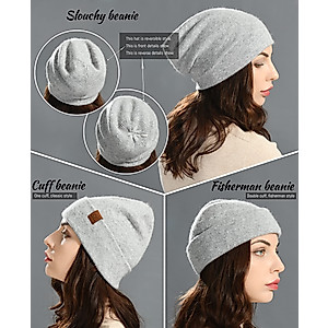 jaxmonoy Wool Cashmere Slouchy Knit Beanies Winter Hats for Women Men Soft Warm Double Layer Reversible Slouch Cuffed Skull Beanie Cap - Light Grey
