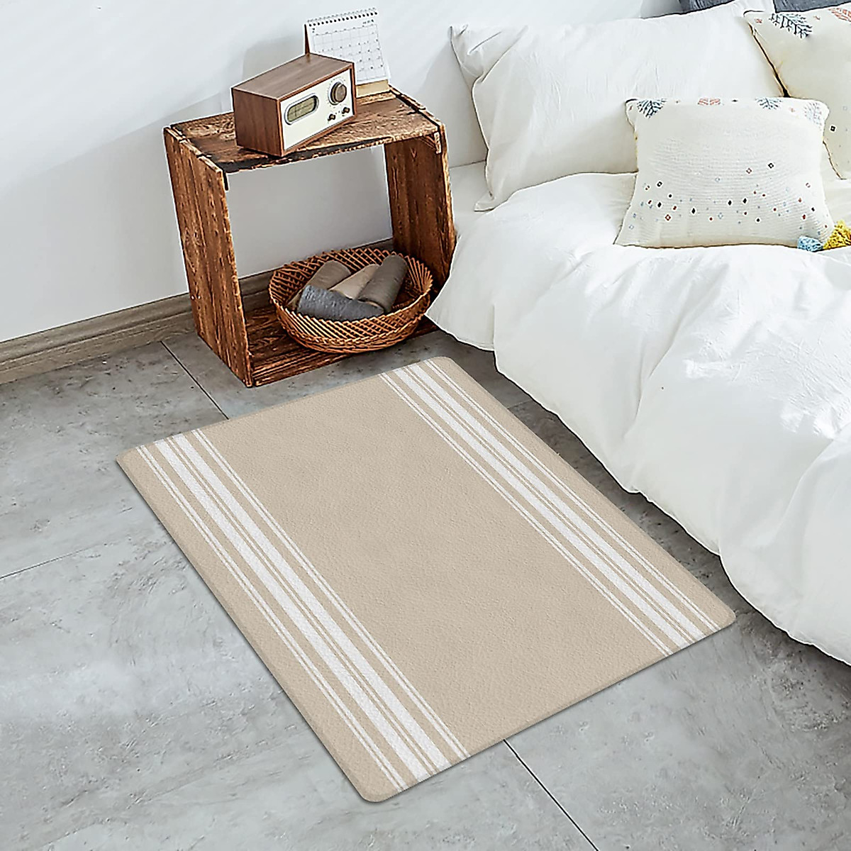 Country Rustic Stripes Antifatigue Kitchen Bath Door Mat Cushioned Runner Rug,Washable Welcome Floor Sink Mat,Khaki White Geometric Line Luxurious Art Waterproof Comfort Standing Doormat,24"x36"