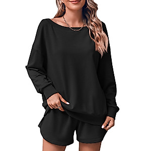 Fisoew Womens 2 Pieces Pajama Sets Long Sleeve Crop Top and Wide Leg Pants Set Black