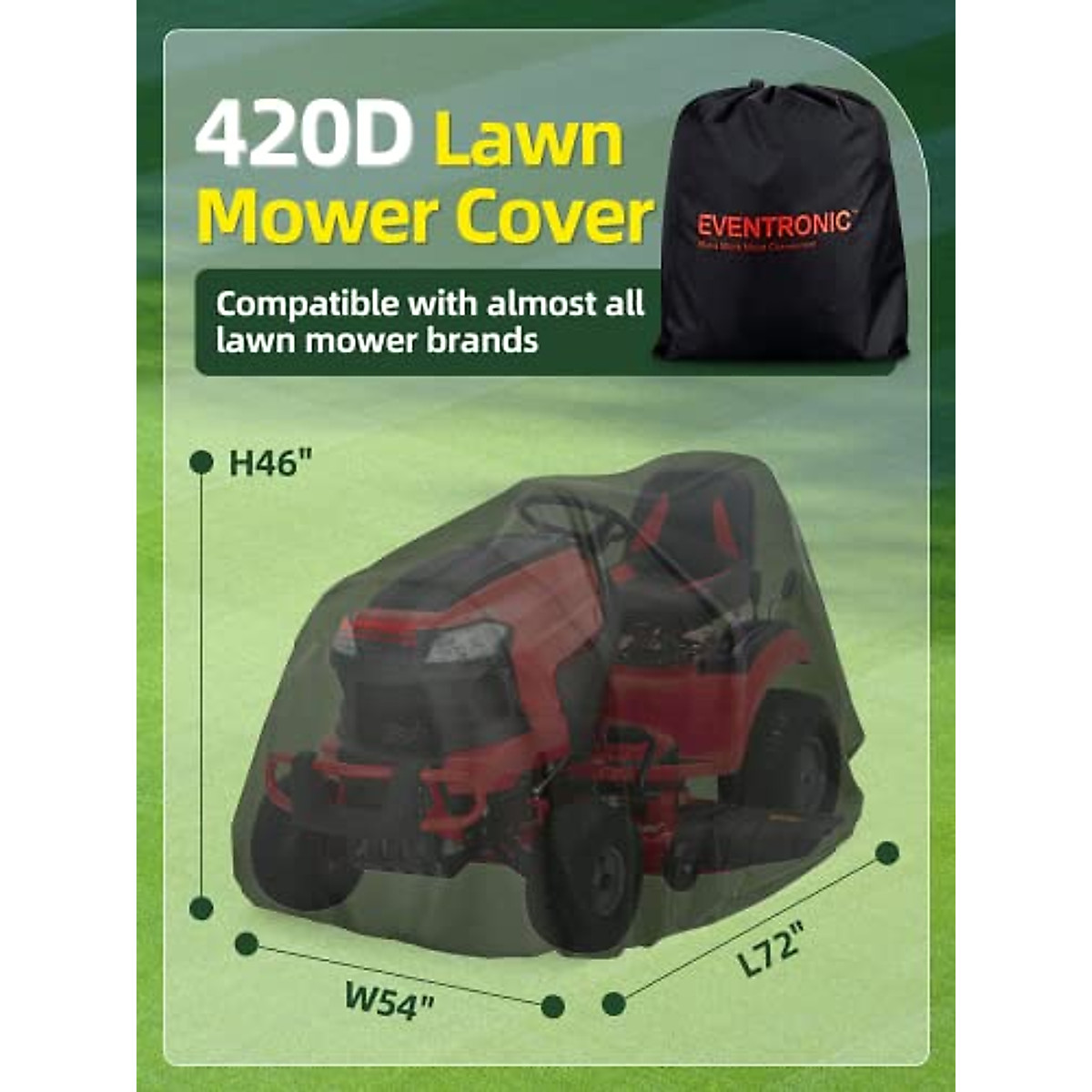 Riding Lawn Mower Cover, Eventronic 54“ Riding Lawn Tractor Cover Waterproof Heavy Duty Durable (420D-polyester oxford)