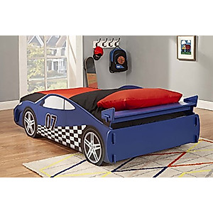 Legaré Furniture Children's Race Car Standard Bed Frame for Kids, Blue and White, Twin Size